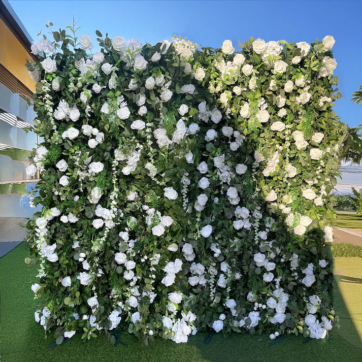 White Rose Green Leaves Fabric Roll Up Flower Wall – ubackdrop