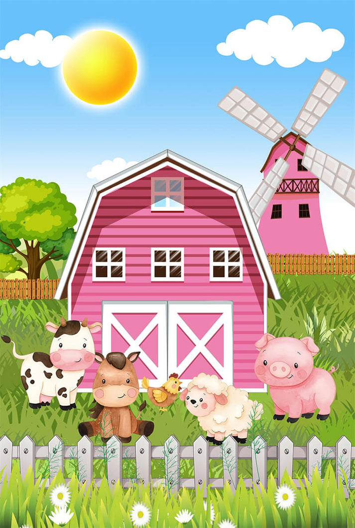 Pink Barn Cartoon Farm Animals Girl Birthday Party Backdrop – ubackdrop